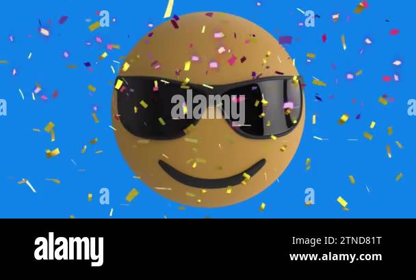 Animation of confetti falling over emoji icon with sunglasses moving on ...