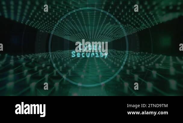 Animation of cyber security text, blue scope and fingerprint over glowing blue lights. Data ...