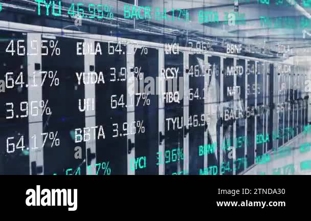 Animation of trading board and connected dots over server racks in server room. Digital ...