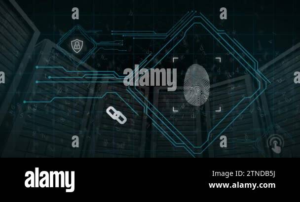 Animation Of Scanning Fingerprint Padlock Numbers Letters And Connected Dots Over Server