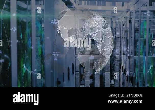 Animation of digital icons, spinning globe and plexus networks against computer server room ...