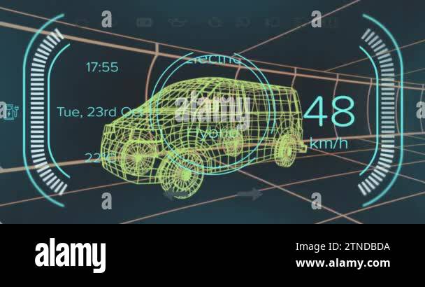Animation of speedometer with texts, changing numbers over 3d model of van against black ...