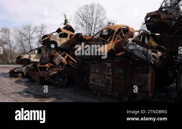 Destroyed cars, Scene aftermath, Vehicle cemetery. Remnants of ...