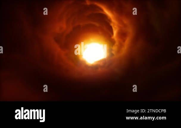 Warm orange golden mysterious rotating cloud gate. Concept 3D animation ...