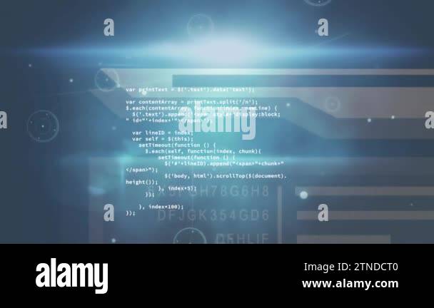 Animation of computer language over connected dots and lens flares against abstract background ...