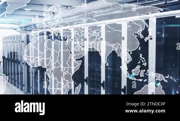 Animation of world map and light spots against computer server room. Global networking and ...