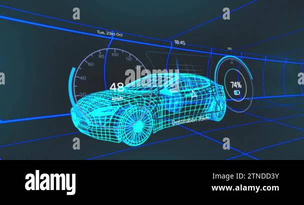 Animation of speedometers and numbers over 3d model of car against grid ...