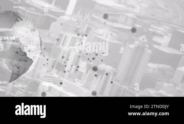 Animation of changing numbers around globe and dots over modern city in ...