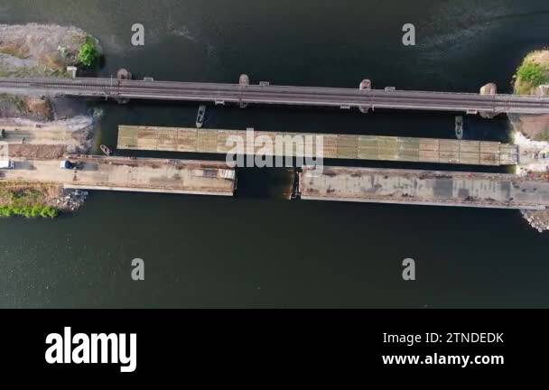 Pontoon bridge of the Ukrainian army. Installation of a temporary ...