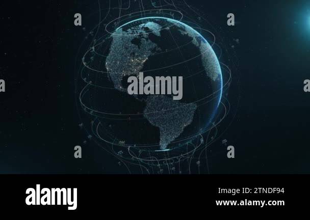 Animated Digital Grid And Lines Over Rotating 3d Big Data Earth Globe