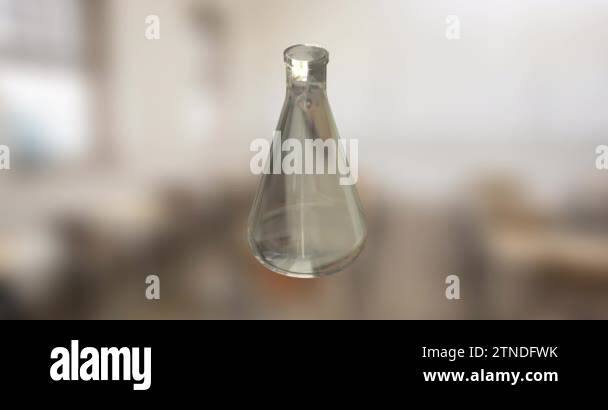 Animation of laboratory glass bottle spinning over classroom background ...