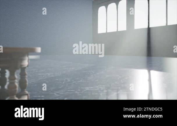 Cinematic surreal 3d rendered shot of a table in a giant hall with sun ...