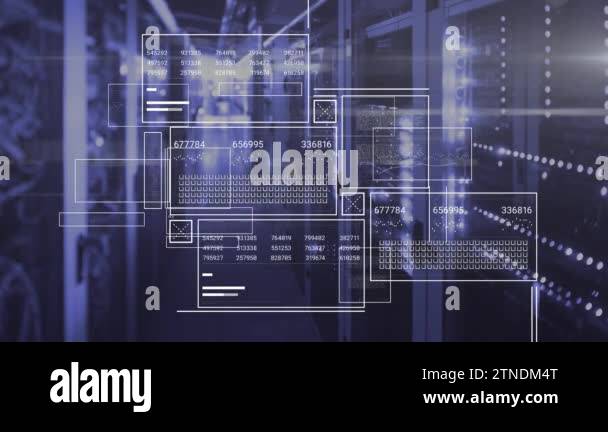 Animation of graphs, loading circles and bars, changing numbers over illuminated server room ...