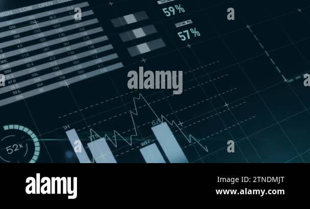 Animation of infographic interface over multiple graphs with numbers against black background ...