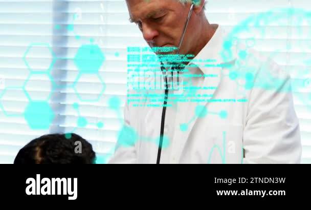 Animation of codes, brain, molecule structure over caucasian doctor examining girl in hospital ...
