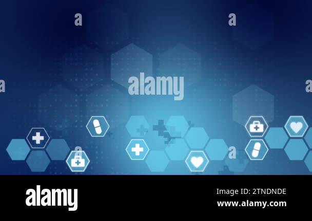 Healthcare animation with medical icons and hexagon grid. Glowing ...