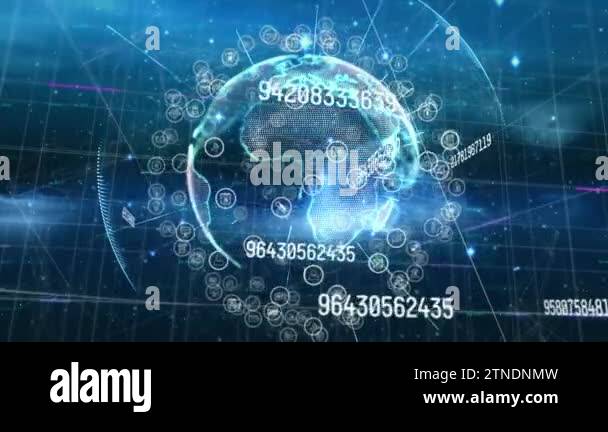 Animation of illuminated globe with icons, map, changing numbers over grid. Digitally generated ...