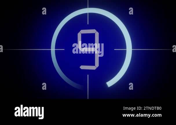 Blinking and rotating LCD countdown numbers from 10 to 1 on blue ...