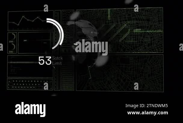 Animation of loading circles with changing numbers over graph, globes against black background ...