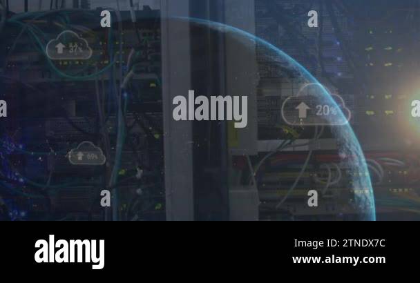 Animation of clouds with changing numbers, arrows and globe over back ...