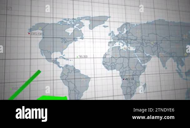 Animation of multiple graphs with changing numbers over map against white background. Digitally ...