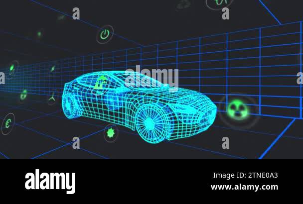 Animation of multiple digital icons over 3d car model moving in ...