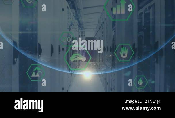 Animation of sustainable resource icons in hexagons and globe over server room. Digital ...
