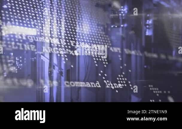 Animation of computer language, map and lens flares against server room ...