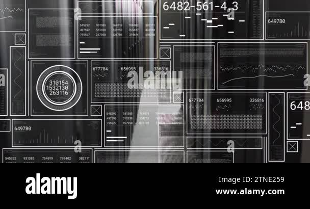 Animation of hud screens with graphs, shapes and numbers over data server racks. Digital ...