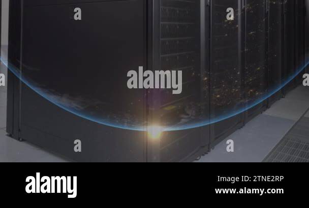 Animation of rotating globe and lens flare over server room in background. Digital composite ...