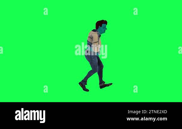 Wounded 3D animated blue giant running tired from left angle on green ...