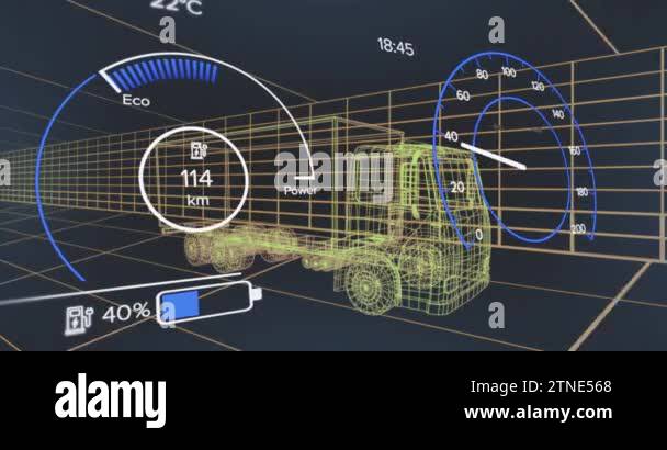 Animation of speedometers, changing numbers over 3d model of truck ...