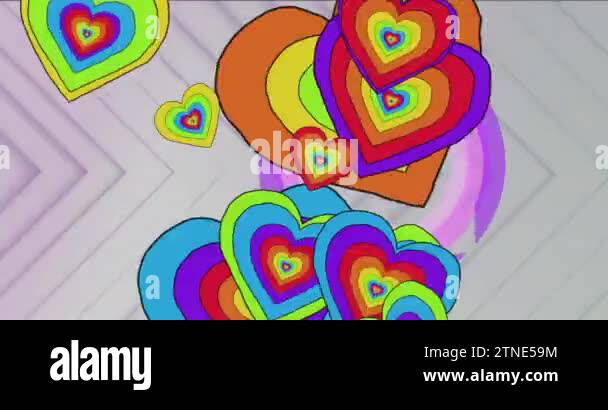 Animation of lgbtqi hearts shapes over circles against arrows on white ...