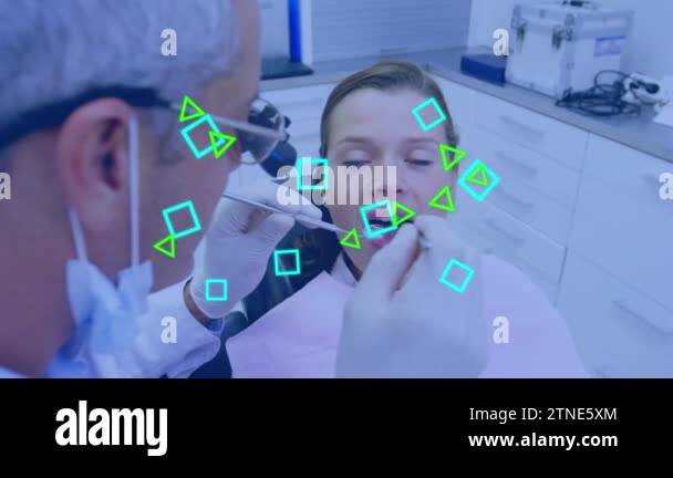 Animation of network of shapes over caucasian male dentist and female ...