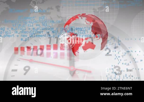 Animation of globe and graph with computer language over clock and map ...