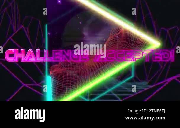 Animation of challenge accepted text over neon shapes on dark ...
