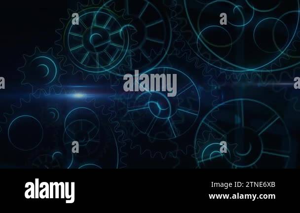 Animation of moving mechanical gears over lens flares against black ...
