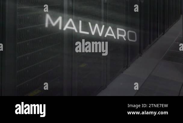Animation Of Malware Text Binary Codes And Circuit Board Pattern Over Server Room Digital