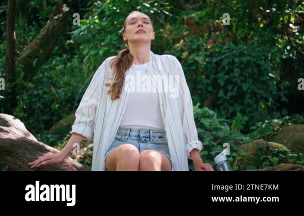Peaceful lady breathing on nature enjoying fresh air close up. Serene ...