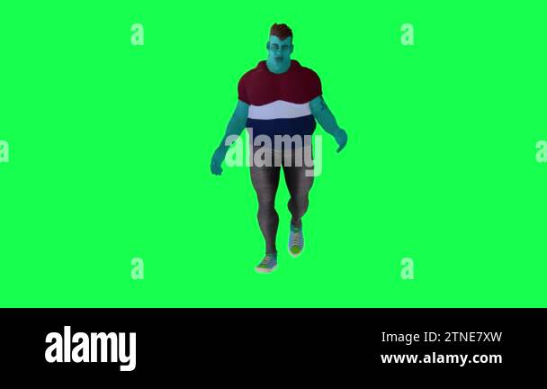Fat blue animated man walking from opposite angle on green screen 3D ...