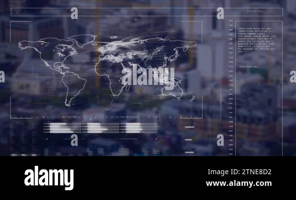 Animation of loading bars, map and wave pattern over modern city in ...