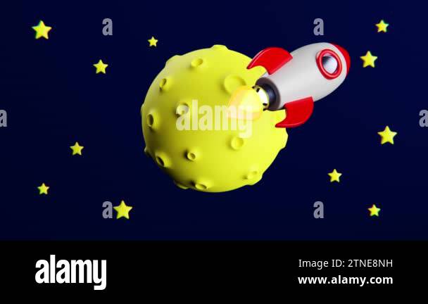Small cartoon rocket orbiting around yellow planet. 4k 3d animation ...