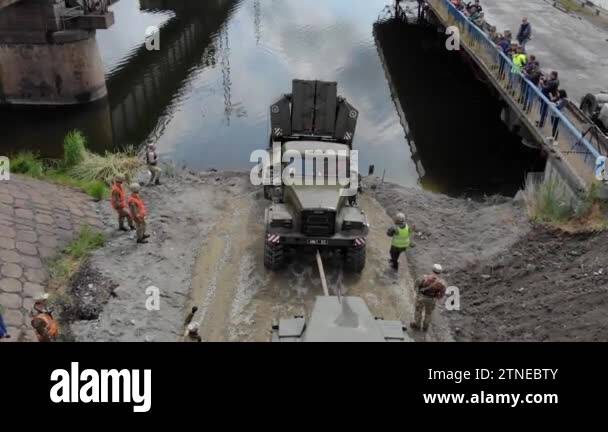 Pontoon bridge of the Ukrainian army. Installation of a temporary ...