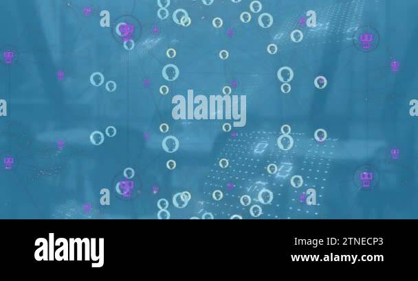 Animation Of Connected Icons Forming Globe Over Binary Codes And Glass Window In Office Digital 8715
