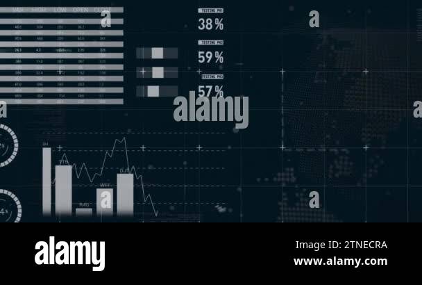 Animation of infographic interface over rotating globe against black background. Digitally ...