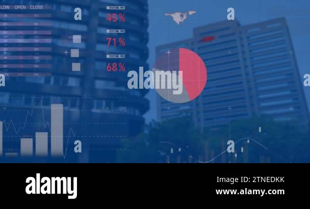 Animation of infographic interface over modern buildings against sky ...
