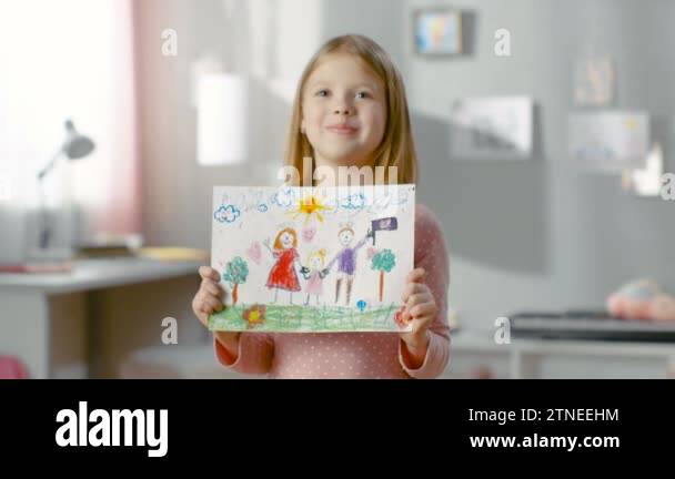 Cute Young Girl Shows Fun Drawing of Her Happy Family. Mother, Father ...