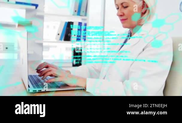 Animation of scientific data processing over caucasian female scientist with laptop. Global ...