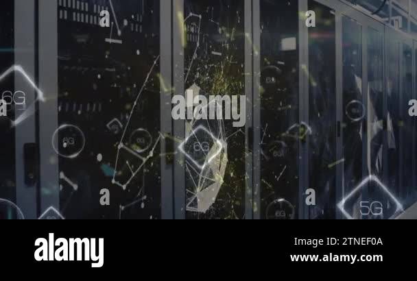 Animation of data processing and 6g text over computer servers. Global connections, computing ...