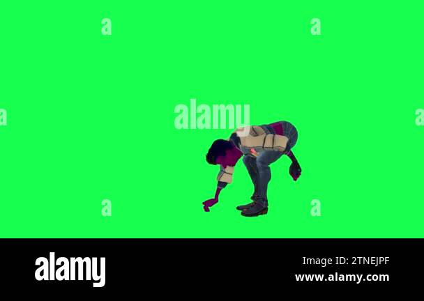 Animated purple space man throwing rock from right angle on green ...